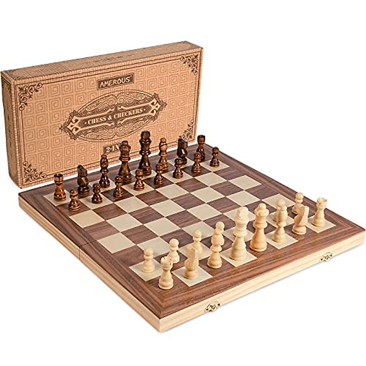 AMEROUS 15'' Wooden Chess & Checkers Set, 2 in 1 Board Games -2 Extra Queens -24 Cherkers Pieces - Gift Box Packed - Chessmen Storage Slots, Beginner Chess Set for Kids and Adults