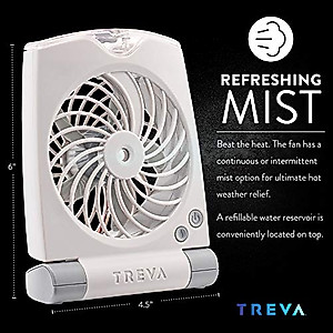 Treva 3-Speed Continuous Mister Fan – 3.5 Inch Personal Misting Fan with Intermittent or Constant Cooling Water Mist Sprayer - USB Rechargeable Battery - Portable for Travel, Camping, Beach, Desk