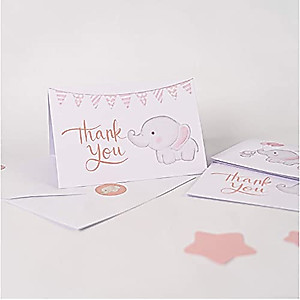 Baby Shower Thank You Cards with Envelopes for Girl. 50 Elephant Pink Thank You Cards Baby Shower with Envelopes for Baby Thank You Notes - Blank Inside Baby Shower Card Pack with Sealing Stickers…