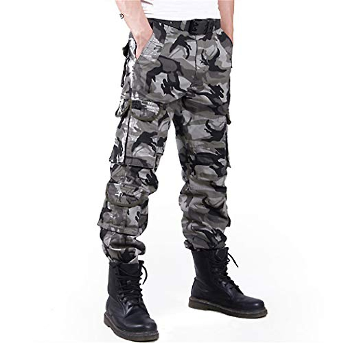 MNXOIA Men Casual Tactical Camouflage Cargo Pants Camo Pattern Army Combat Pants Cotton Work Pockets Military Trousers Gray Camo 31