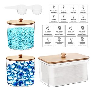 3 Pack Laundry Pods Container Dryer Sheet Holder, Containers for Laundry Room Organization and Storage Jars with Lids & Labels for Detergent, Pods, Scent Booster, Beads, 2 Spoons (Round+Square)
