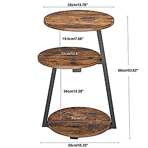 BEWISHOME Round End Table Side Table with Metal Frame, Accent Table Nightstand Bedside Table with 3-Tier Shelves, Small Table for Living Room Bedroom Couch Table Patent ID29897359 Rustic Brown KTZ41Z