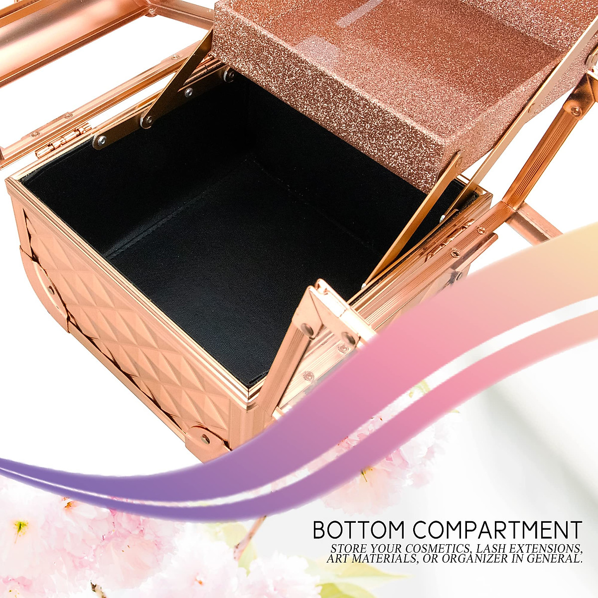 Ver Beauty Makeup Box Cosmetic Train Case with Clear Armored Acrylic Jewelry Organizer with 2 Tiers Trays and Mirror Lockable Portable Travel Cosmetic Display Aluminum Case (Rose Gold Diamond)