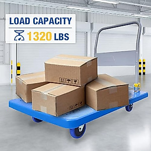 Saranya 18 Shop New Blue Flatbed Cart Hand Truck 1320 Lbs Capacity Trolley Heavy Duty Steel Push 360° Swivel Wheels Industrial Moving Transport Platform Workshops Supermarket 41" L x 34" W x 24" H