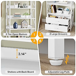 Tribesigns Bookshelf with Drawers, 70.8" Industrial Bookcase with 2 Drawers, 5 Shelf Open Shelf for Storage, Wood Book Shelf for Living Room, Bedroom, Home, Office (1, White)