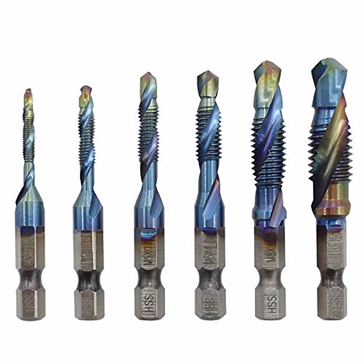 1/4 Inch Hex Shank Tap Drill Bit Set HSS Thread Spiral Combination Drilling Tapping Chamfering Metal Tools Bits Metric & Inch M3-M10, 6 Pcs