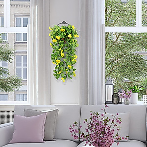 EuroBird Artificial Flowers Hanging Basket for Outdoor Indoor, Fake Silk Flowers, Handmade Metal Wall Mount Basket with Artificial Rose Flowers for Home, Patio, Garden, Lawn Decoration (Yellow)