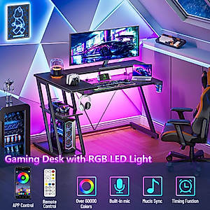 Korfile Reversible Gaming Desk with Power Outlet & LED Lights, Corner Computer Desk with 3 Tiers Storage Shelves, Home Office Desk with Monitor Stand for Small Space, 47 Inch Carbon Fiber Black