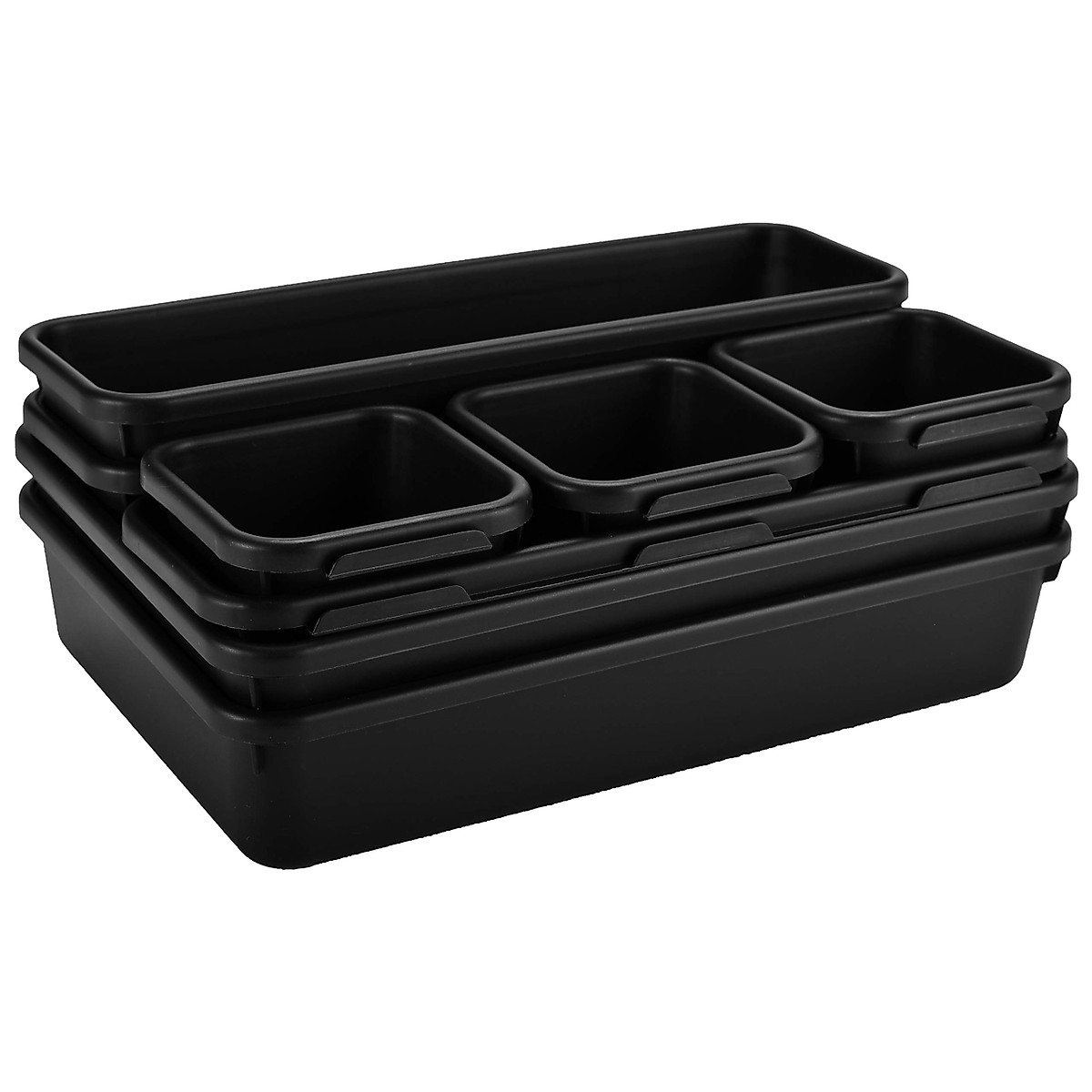 Masirs Interlocking Drawer Organizer Bins, Durable Plastic, Various Sizes for Custom Layout Design, Great for Desk Drawer, Tool Box or Garage Organization, (Black | 8-Piece Set)