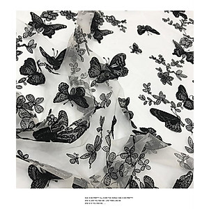 51" Width 3D Vivid Butterfly Lace Fabric Exquisite Flower Embroidery Soft Tulle Lace Fabric for Wedding Bridal Lace Dress Party Dress Home Decor (3 Yard, Apricot Mesh+Black Butterfly)