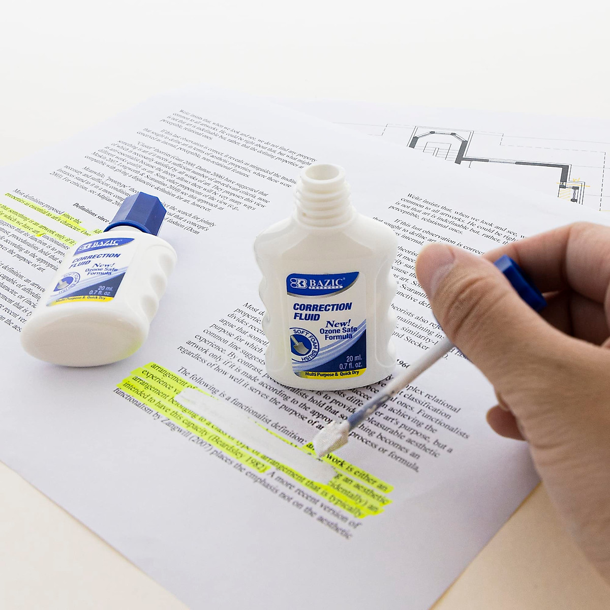 BAZIC Correction Fluid (0.7 oz / 20 ml), Foam Brush Applicator, Instant Corrections Pen White Out Wipe Out Liquid (2/Pack), 2-Packs