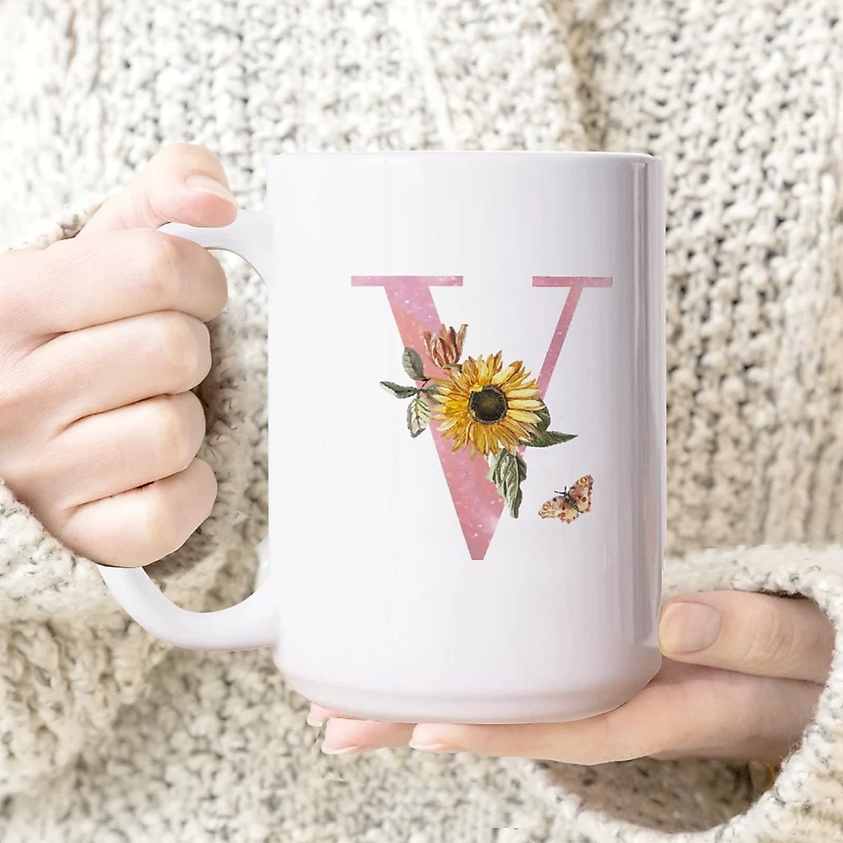 Novelty Quote White Ceramic Coffee Mugs 15oz,Sunflower Pink Initial Alphabet Monogram Letter V Funny Coffee Mug Porcelain Humorous Coffee Cup for Christmas Friends Classmate Teacher Kids