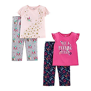 Simple Joys by Carter's Toddler Girls' 4-Piece Fleece Pajama Set (Short-Sleeve Poly Top & Fleece Bottom), Pack of 4, Fairy/Floral/Text Print, 3T