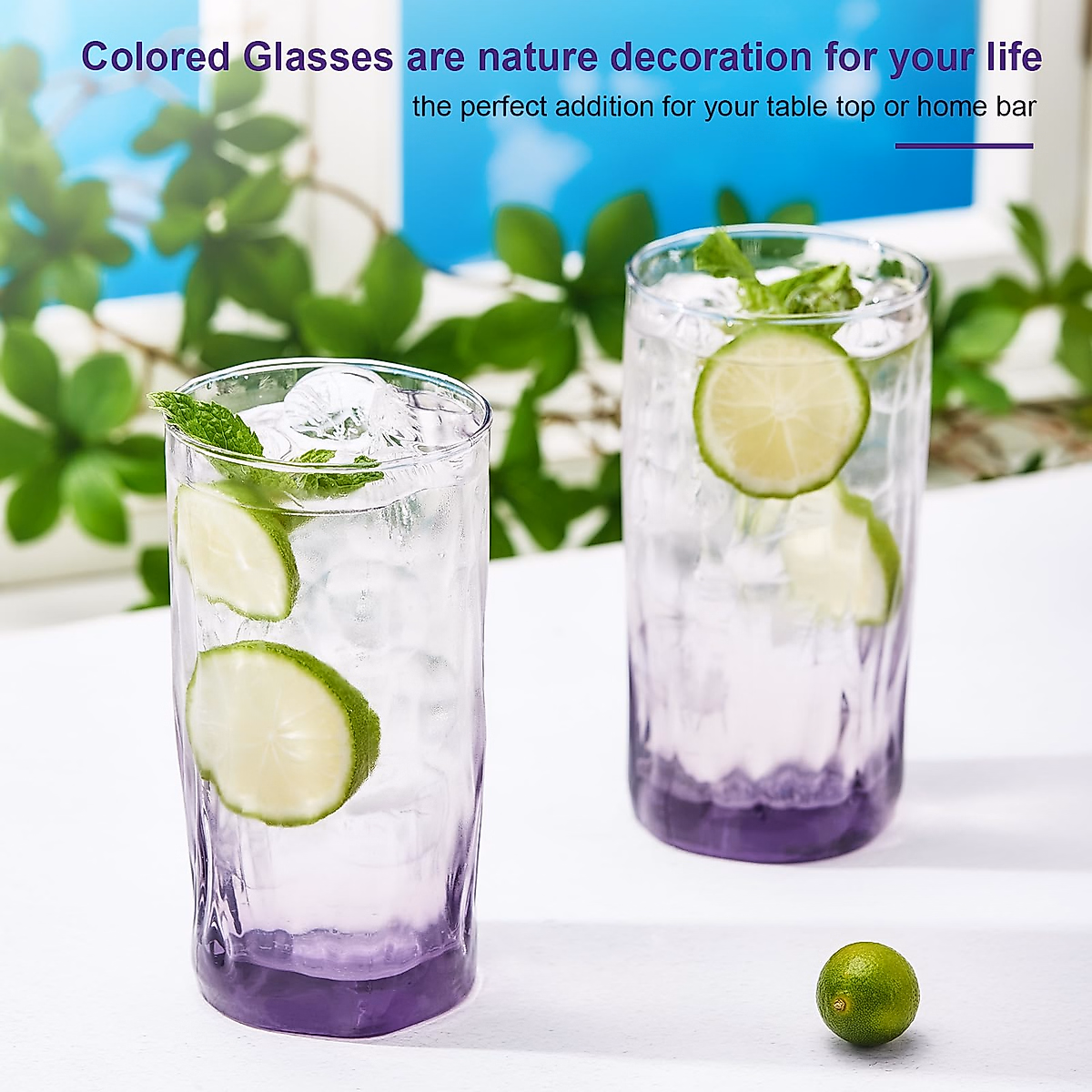 CREATIVELAND Solid Color Drinking Glasses Set of 6, 13.5 OZ Wind-blown Ripples Glass Tumbler Glassware for Water, Juice, Different Options for Home, Restaurant, Hotel, Bar,Purple