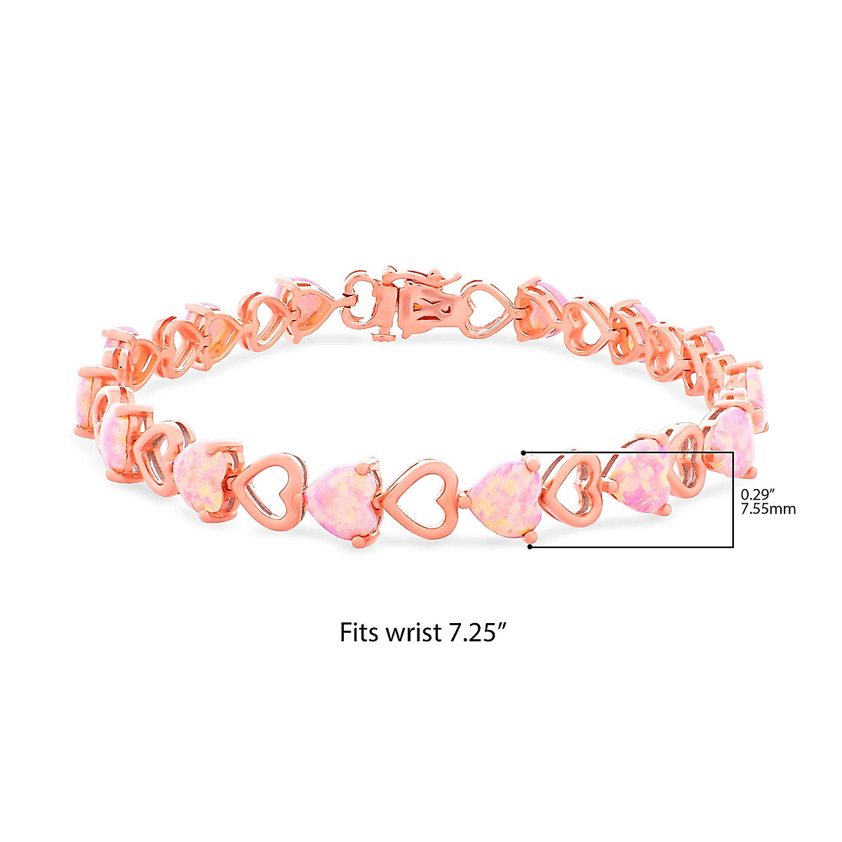 Lexi and Rose 14K Rose Gold Plated .925 Sterling Silver & Heart Shaped Lab-Grown Pink Opal Cabochon Heart Link Tennis Bracelet - 7-1/4"