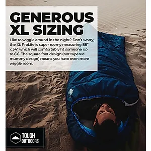 Tough Outdoors Extra Large Sleeping Bag - Adult Sleeping Bag Camping & Backpacking - 3-Season Fall, Spring, Summer Sleeping Bag - Lightweight Waterproof Compact Sleeping Bag w/Compression Sack