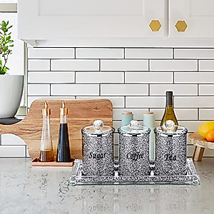 JUXYES Set of 4 Sparky Glass Crushed Diamonds Canisters Set for Sugar Coffee Tea Features Tray, Luxurious Storage Containers Sets with Lids Decorative Storage Pots for Kitchen Counter Dining Room