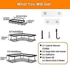 Corner Shower Caddy, 4-Pack Adhesive Bathroom Organizer with Soap Holder & 12 Hooks, Shower Organizer, Rustproof Stainless Steel Shower Organizer, No Drilling Shower Shelves for Bathroom/Kitchen
