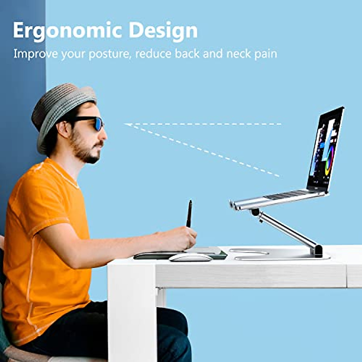 ROTTAY Collapsible Laptop Stand, Adjustable Height up to 16", Ergonomic Laptop Riser with 2 Angle Adjustment Buttons, Aluminum Laptop Holder Computer Stand Fits MacBook, Laptops Tablets 10-16", Silver