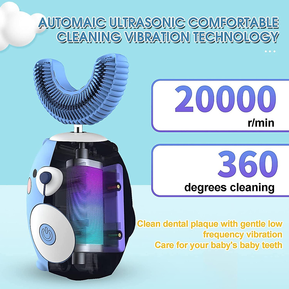 GASLIKE Kids Toothbrush Electric, U Shaped Ultrasonic Toothbrush with 3 Brush Heads, Six Cleaning Modes, IPX7 Waterproof Design for Children Kids Toddler 2-7 Years (Blue)