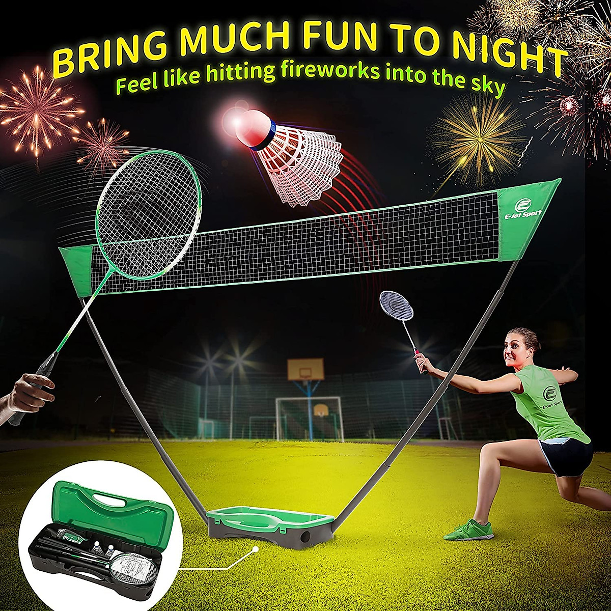 E-jetSport Portable Badminton Net Set with Storage Base, Rackets Lightning Shuttlecocks Combo Set for Family & Kids, Easy Setup for Backyard Training, Beach, Park, Picnic Games, Green,EOB375402021