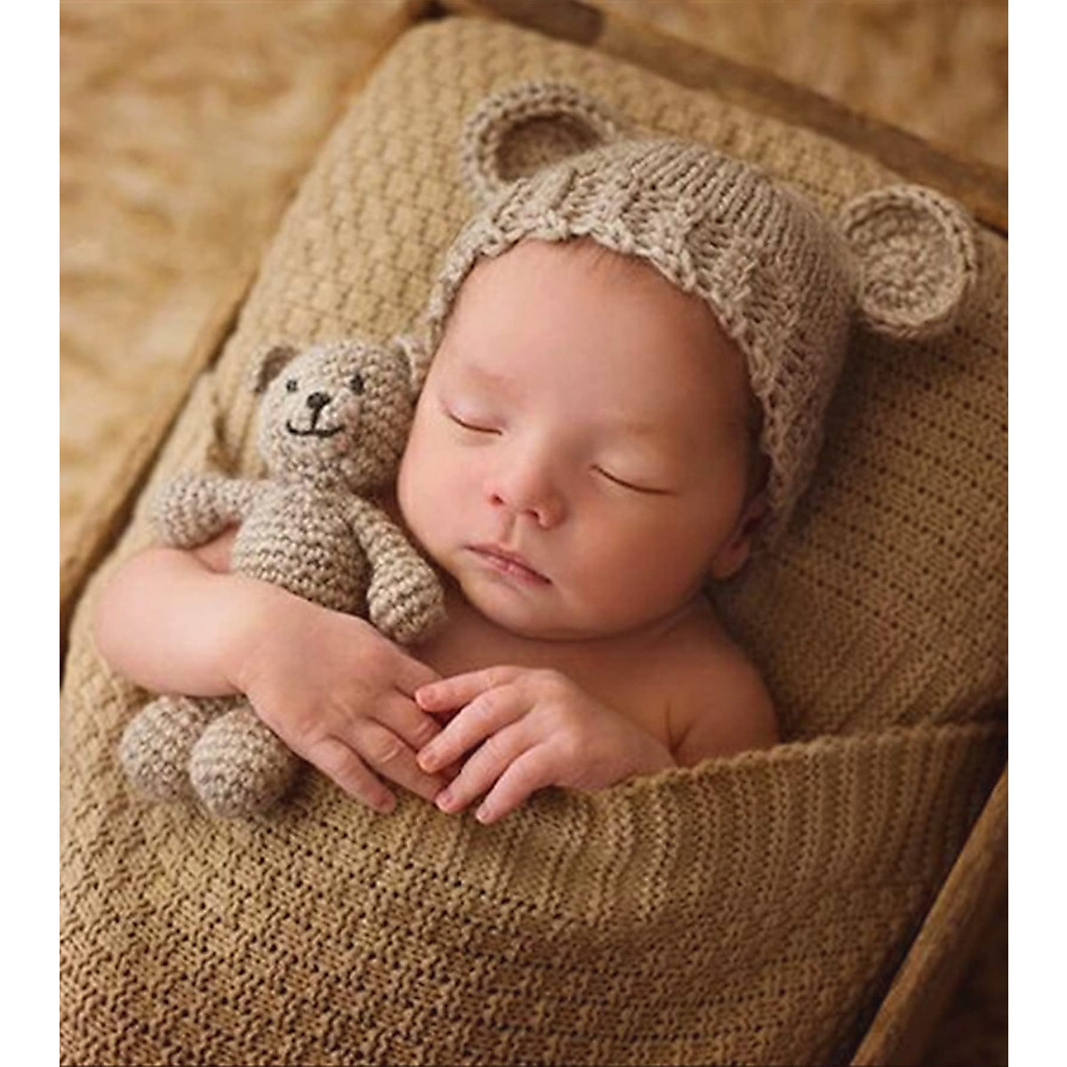 ISOCUTE Newborn Photography Outfits Baby Photoshoot Props Boy Girl Hat Bear Infant First Picture Photo Gift Box Khaki