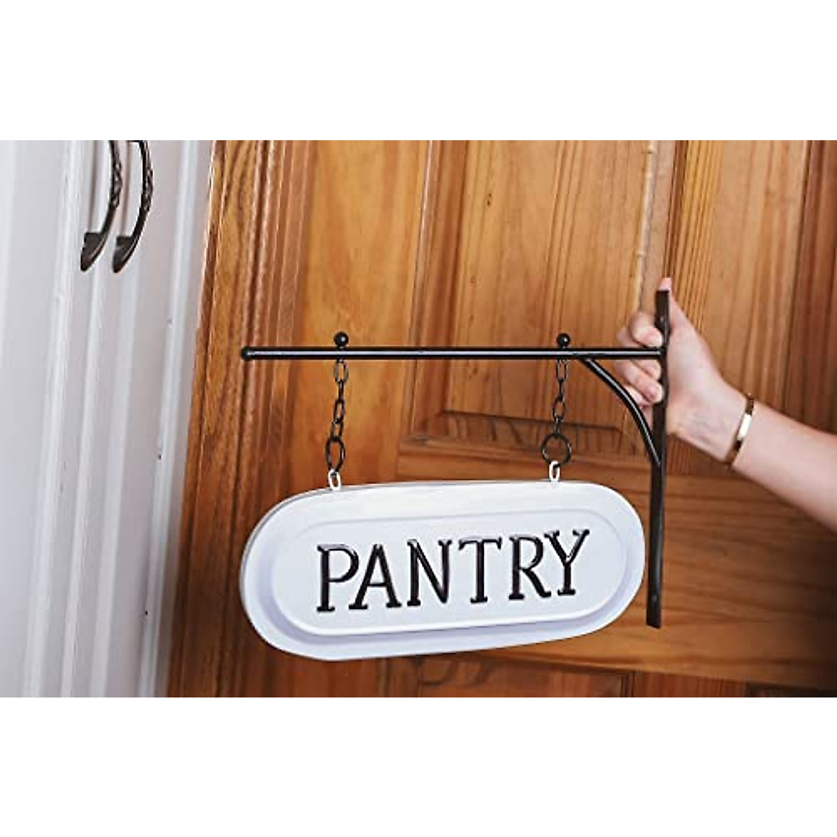 AuldHome Metal Hanging Pantry Sign, White Enamelware Iron 2-Sided Rustic Farmhouse Decor