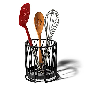 Spectrum Diversified Pantry Works Grande Round Holder & Kitchen Countertop Organizer Cooking Utensil Crock for Kitchen Organization & Storage, Cutlery & Flatware Caddy, Black