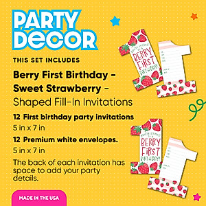 Big Dot of Happiness Berry First Birthday - Sweet Strawberry - Shaped Fill-In Invitations - Fruit 1st Birthday Party Invitation Cards with Envelopes - Set of 12