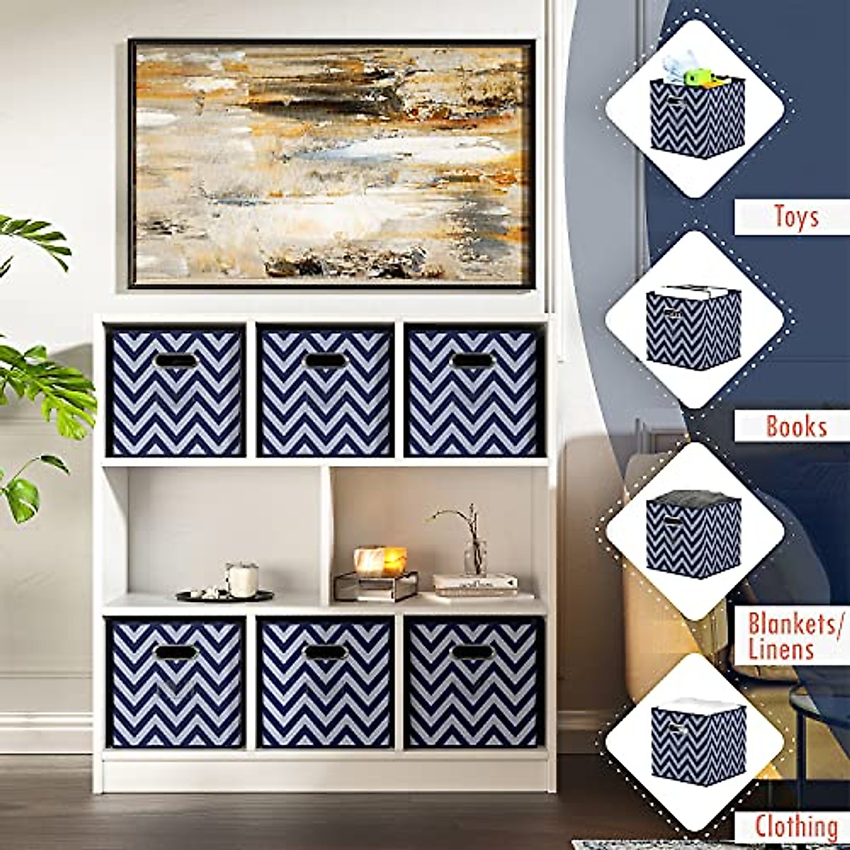 Ornavo Home Foldable Storage Bins Basket Cube Organizer With Dual Handles and Window Pocket - 6 Pack - 12" L x 12" W x 12" H - Chevron Navy