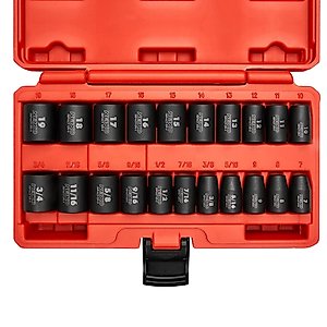 NEIKO 02432A 3/8” Drive SAE and Metric Impact Socket Set | 21 Shallow Pieces | SAE 5/16” to 3/4” | 7mm to 19mm | Premium Cr-V Steel | 6-Point Hex Design | Corrosion Resistant Coating
