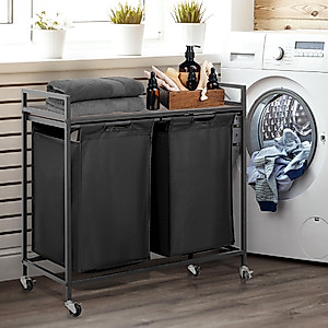 Laundry Basket with Wheels Metal Frame Laundry Hamper with Storage Shelf and 3 * 11Gal/41L Pull-Out Removable Bag Laundry Sorter Cart large Capacity Cloth Organization for Laundry Room Bathroom
