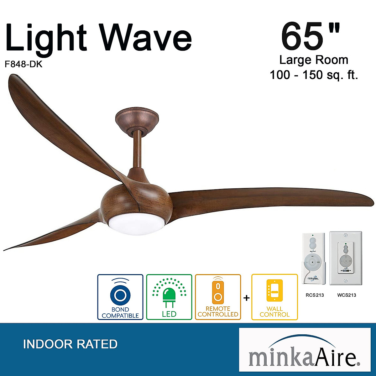 MINKA-AIRE F848-DK Light Wave 65" Ceiling Fan, Distressed Koa Finish with Remote and Additional Wall Control