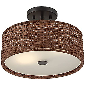 Possini Euro Design Hampton Modern Ceiling Light Semi Flush-Mount Fixture 13 1/4" Wide Soft Gold 2-Light Dark Weave Rattan Drum Shade for Bedroom Kitchen Living Room Hallway Bathroom House Home