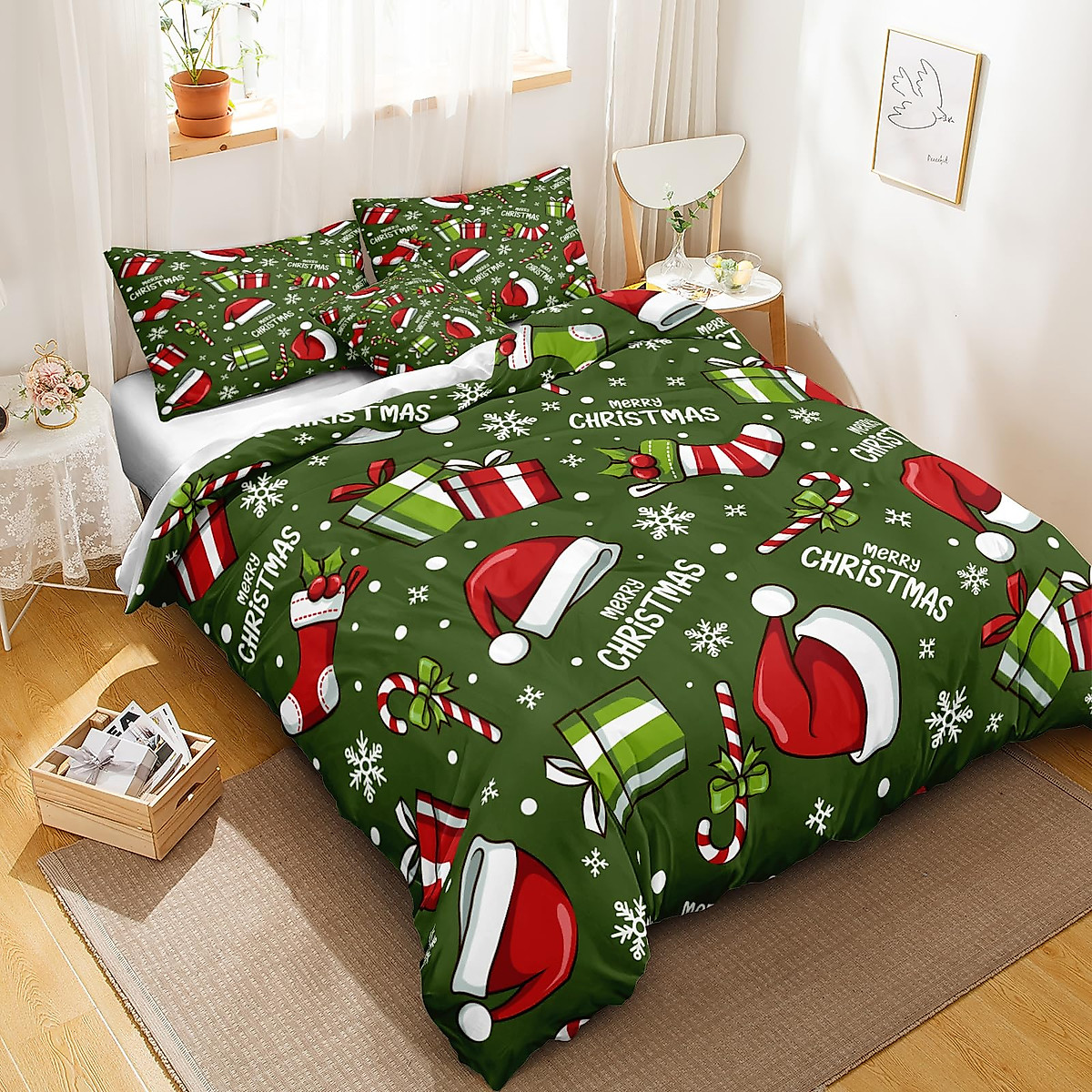 Christmas Bedding Green Christmas Duvet Cover Set Christmas Hat Stocking Printed Xmas Festival Bedding Set Queen 1 Duvet Cover 2 Pillowcases (Queen, Christmas)