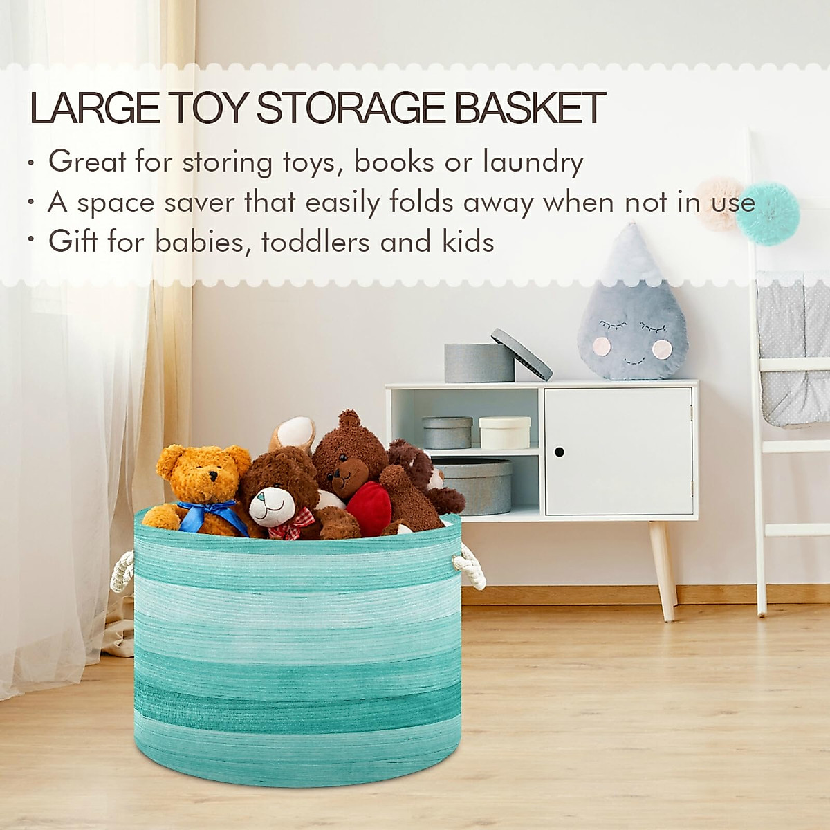 Large Storage Basket Teal Turquoise Green Wood Toy Storage Box Organizer Bins with Handles Laundry Hamper Basket for Home Decor