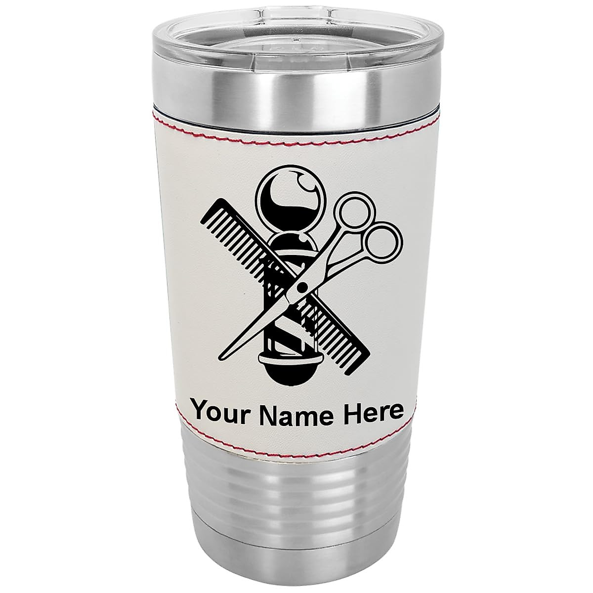 LaserGram 20oz Vacuum Insulated Tumbler Mug, Barber Shop Pole, Personalized Engraving Included (Faux Leather, Baseball Style)