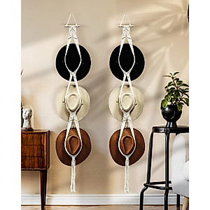 Gute Macrame Hat Hangers, Boho Hats Rack for for Wall Hanging, Black White Woven Women Hat Holder Organizer for Wide Brim and Fedoras Sun Hat Cowboy Hat Display(White,3 Hat Style)