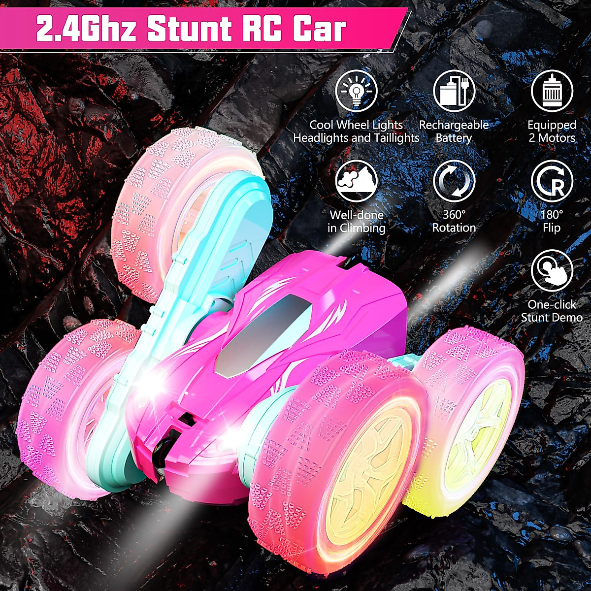 28℃ Remote Control Car for Boys, Drift High Speed RC Cars, 4WD 2.4Ghz Rechargeable RC Truck with Double Sided 360 Flips and Headlights Wheel Lights, Off-Road Stunt Toy Car for Kids Boy Girls Pink