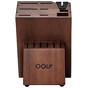 OOU! Home Knife Storage Block, Walnut Wooden Knife Block Holder, Universal Kitchen Knife Blocks with Built-in Sharpener, 14 Slots Knife Holder for Kitchen Counter, Without Knives