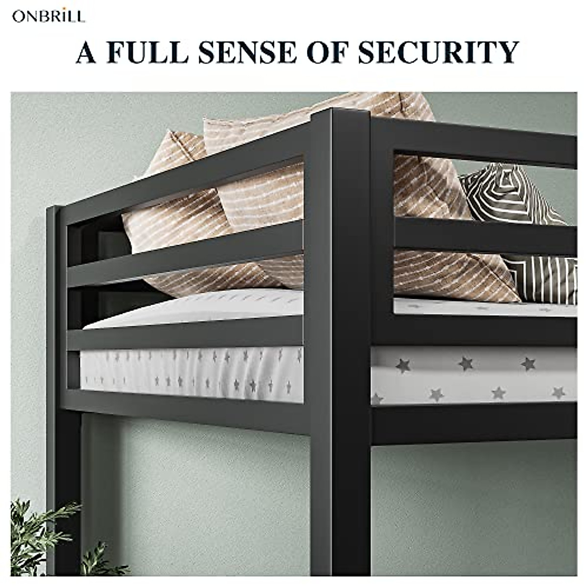 ONBRILL Metal Bunk Bed Twin Size, Teenage Bed with Ladder, Safety Full-Length Guardrail, Space Saving/No Box Spring/Noiseless/Black