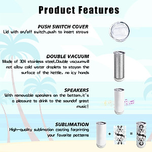 Lilsofee 6 Pack 20 OZ Sublimation Blank Tumblers Bulk Stainless Steels Double Vacuum Bluetooth Speaker Music Insulated Tumbler with Lid and Straw Metal Cup White