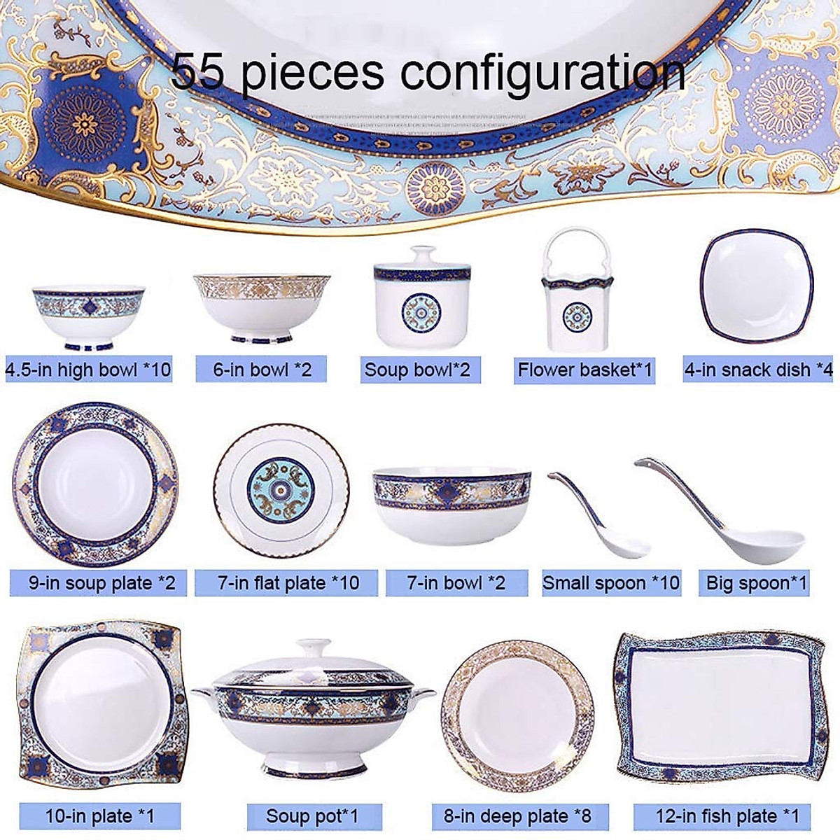 Porcelain Plate and Bowl Set, Ceramics Dinnerware Set with 55 Pieces,Bowl/Dish/Soup Pot/Spoon|Dinner Sets,Blues Garden Pattern Porcelain Combination Set
