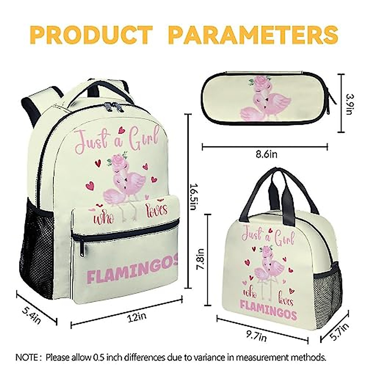 KNOWPHST Flamingo Backpack with Lunch Box Set for Girls - 3 in 1 Primary Middle School Backpacks Matching Combo - Large Capacity, Durable, Lightweight, Yellow Bookbag and Pencil Case Bundle