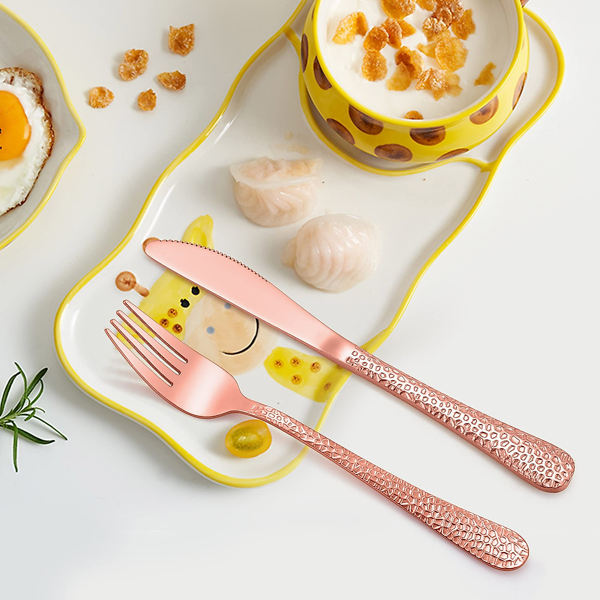 LIANYU 12-Piece Kids Copper Silverware Set, Stainless Steel Toddler Utensils, Hammered Metal Preschooler Flatware Cutlery Set, Children Tableware Includes Knives Forks Spoons, Dishwasher Safe