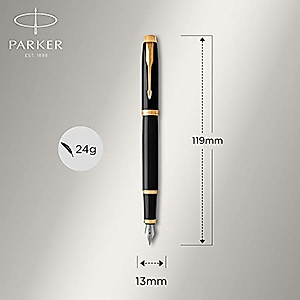 Parker IM Fountain Pen Black Lacquer with Gold Trim Fine Nib with Blue Ink Refill Gift Box