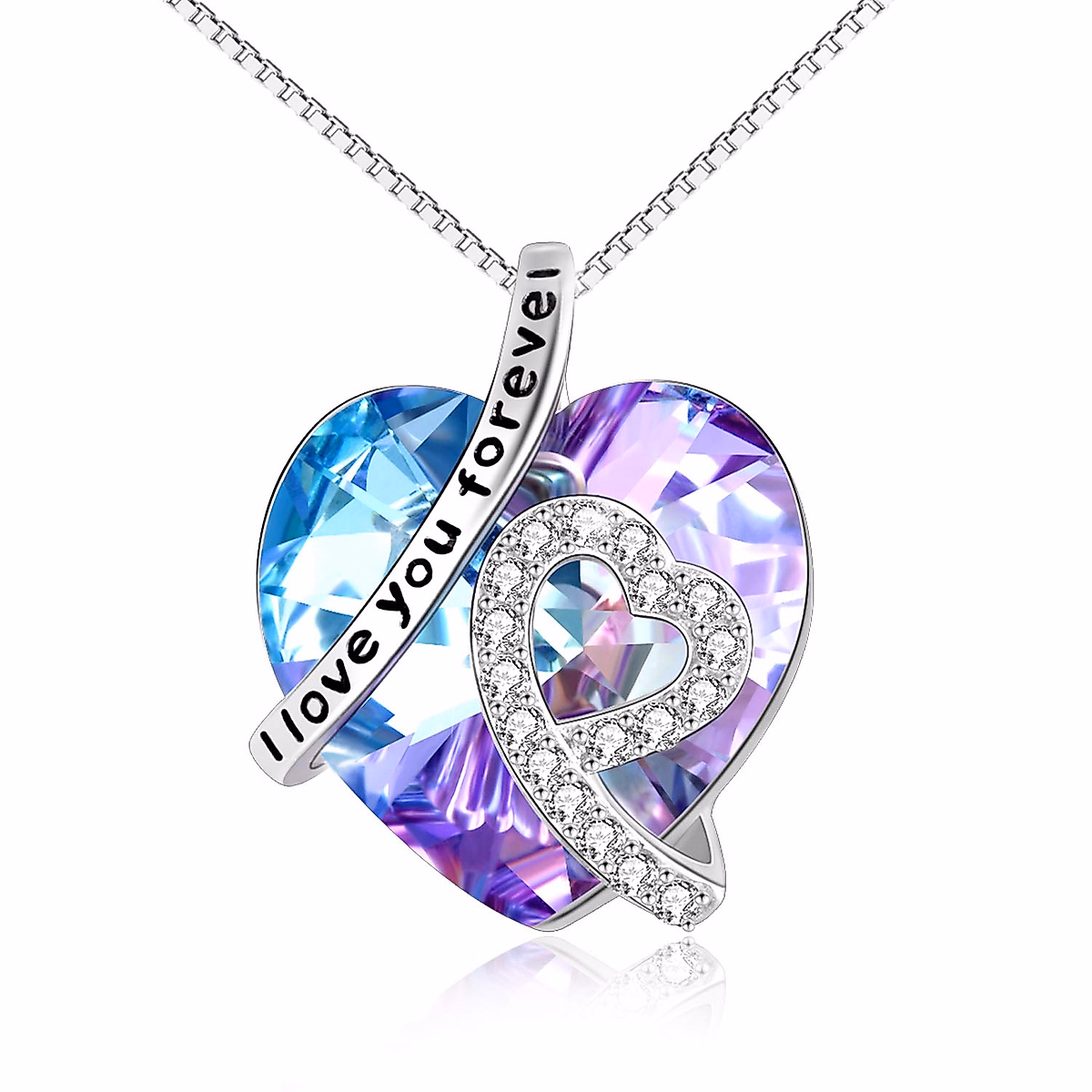 AOBOCO Amethyst Heart Necklace Gifts for Wife Sterling Silver Heart Purple Crystal Pendant Love You Forever Jewelry for Women