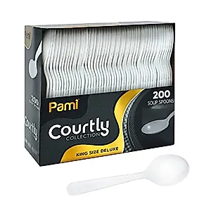 PAMI Heavy Weight Disposable Plastic Soup Spoons [200-Pack] - Bulk King Size Deluxe White Plastic Silverware For Parties, Weddings, Catering Food Stands, Takeaway- Heavy-Duty Single-Use Partyware