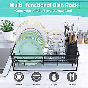 VABNEER Dish Drying Rack with Stone Drying Mat, Quick-Drying/Stainless/Super Sturdy/Space-Saving, Dish Strainers for Kitchen Counter, Escurridor de Trastes para Cocina (Black)