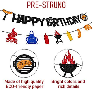 BBQ Happy Birthday Banner for Barbecue Picnic Sauce Grill Sausage Fork Fire Camping Theme Bday Party Supplies Black Glitter Decorations